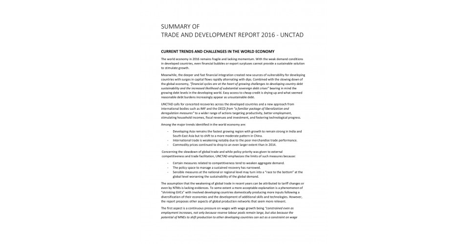 Summary of Trade and Development Report 2016 – UNCTAD
